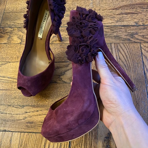 Zara | Shoes | Zara Burgundy Suede High Heel Peep Toe Flower Shoes ...